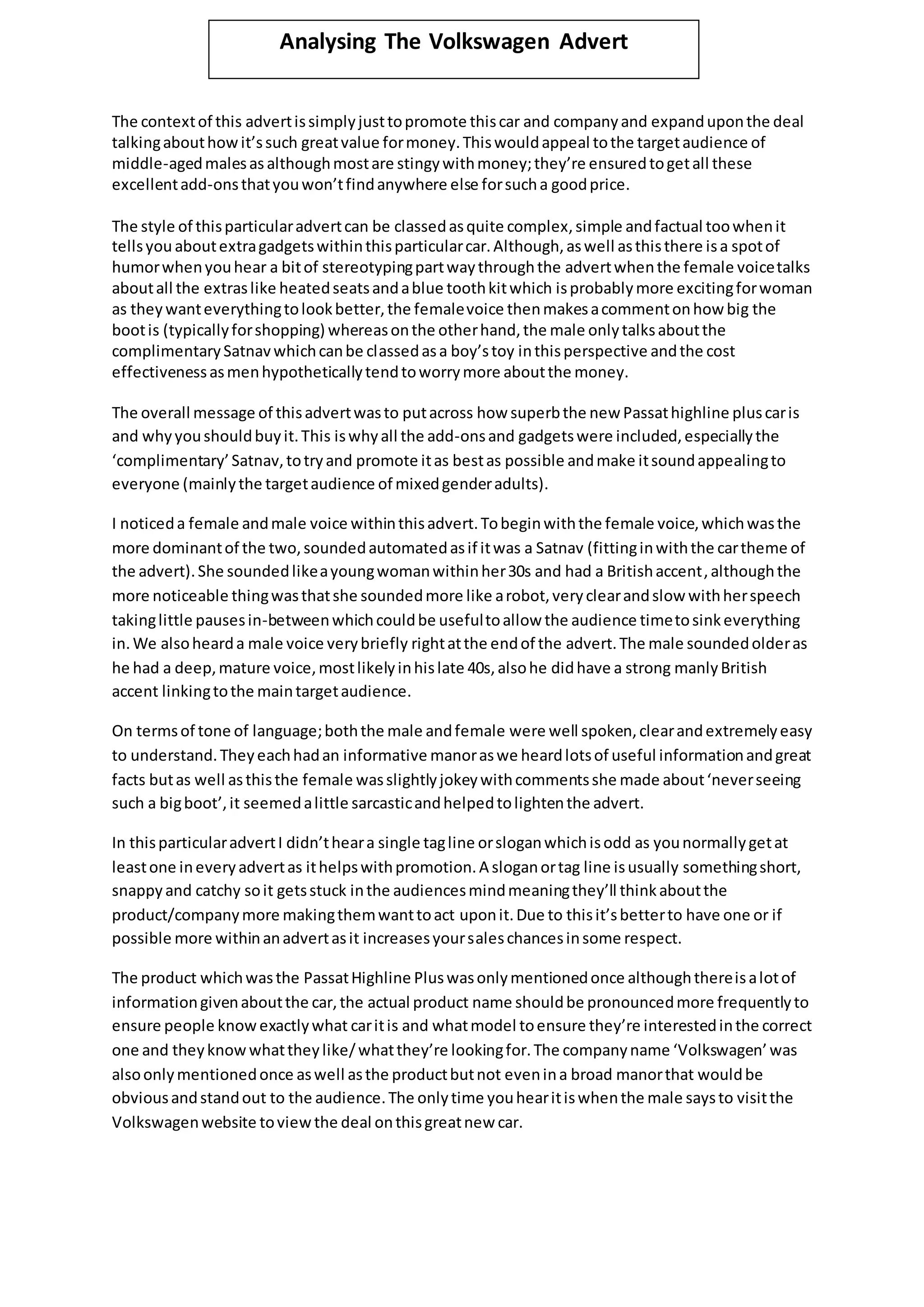 Volkswagen radio advert analysis sheet (3) | DOCX | Business | Business and Finance