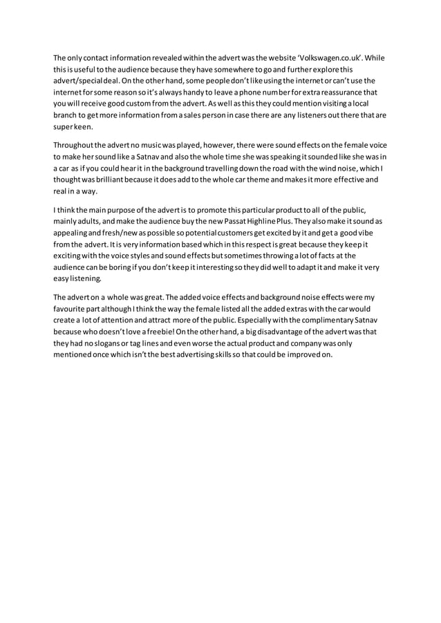 Volkswagen radio advert analysis sheet (3) | DOCX | Business | Business ...