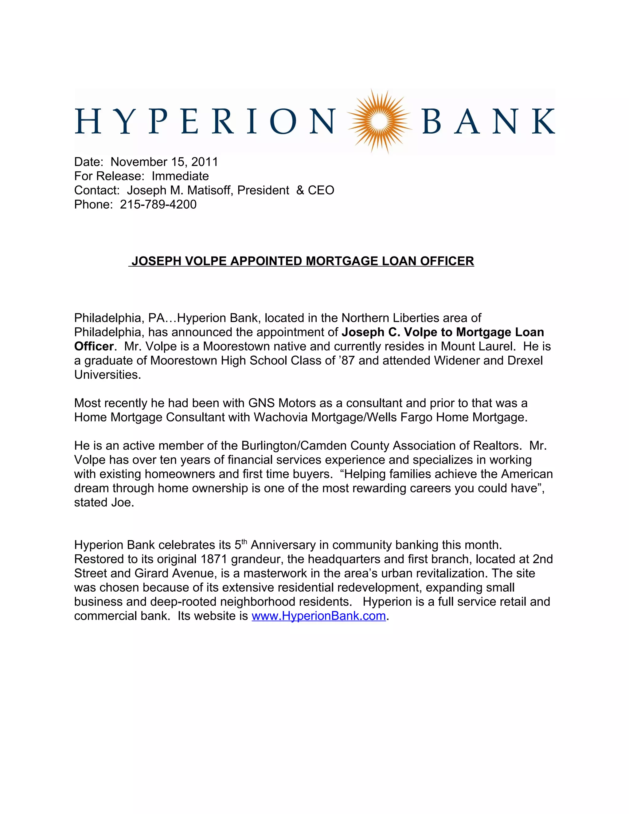 Joseph C. Volpe Appointed Mortgage Loan Officer | DOC
