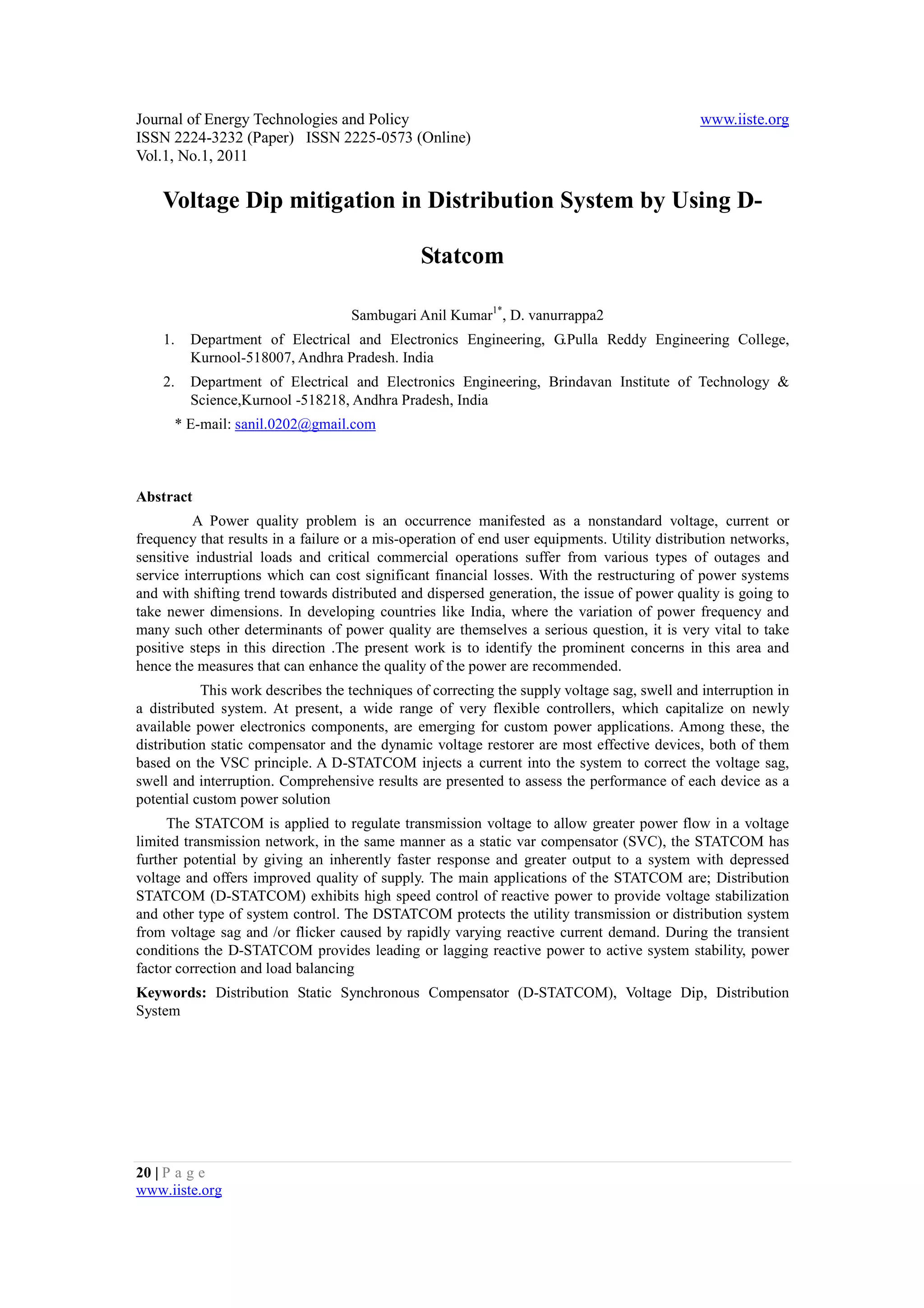 Voltage dip mitigation in distribution system by using d statcom | PDF