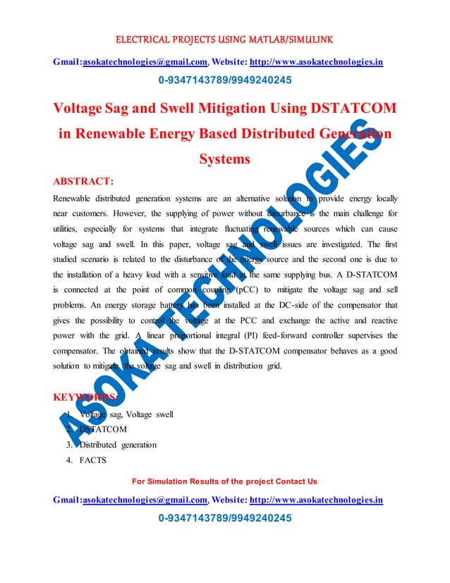 Voltage Sag and Swell Mitigation Using DSTATCOM in Renewable Energy Based Distributed Generation ...