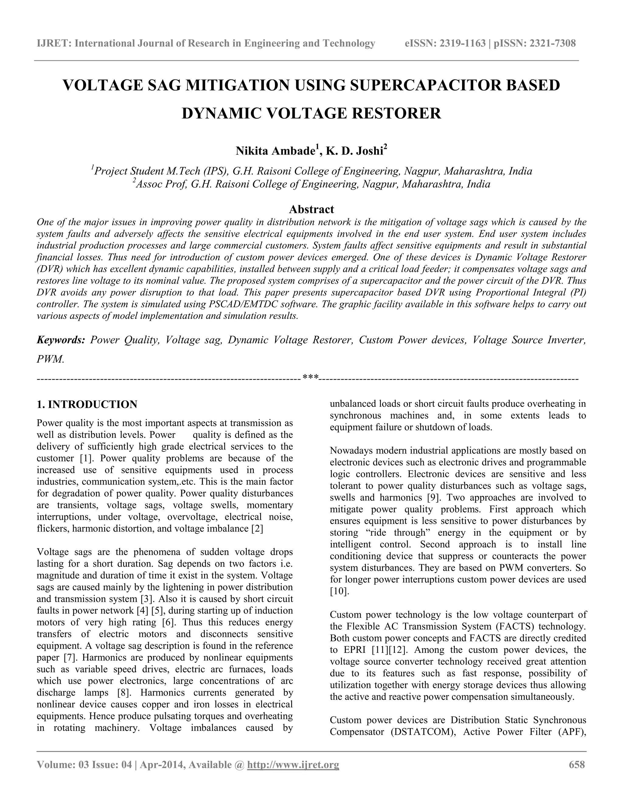 Voltage sag mitigation using supercapacitor based dynamic voltage restorer | PDF