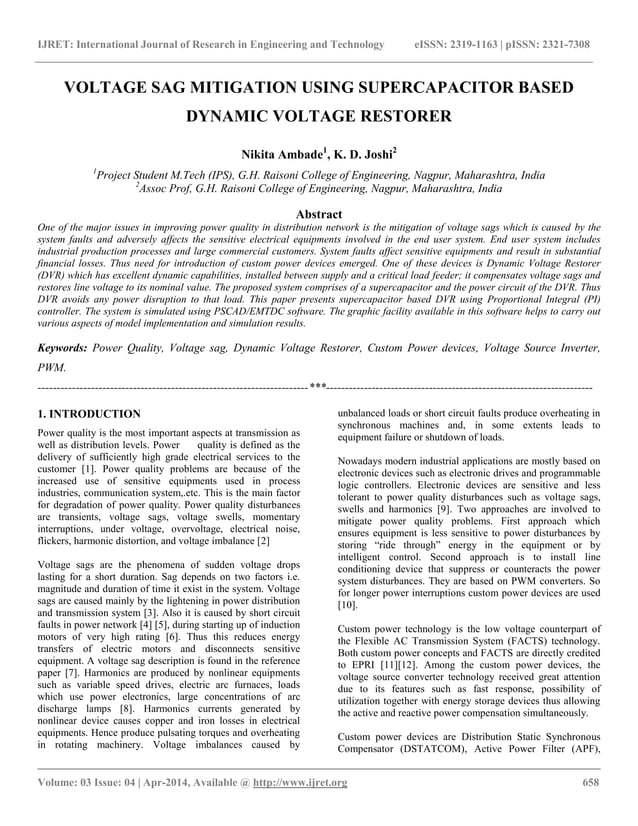 Voltage Sag Mitigation Using Supercapacitor Based Dynamic Voltage Restorer Pdf
