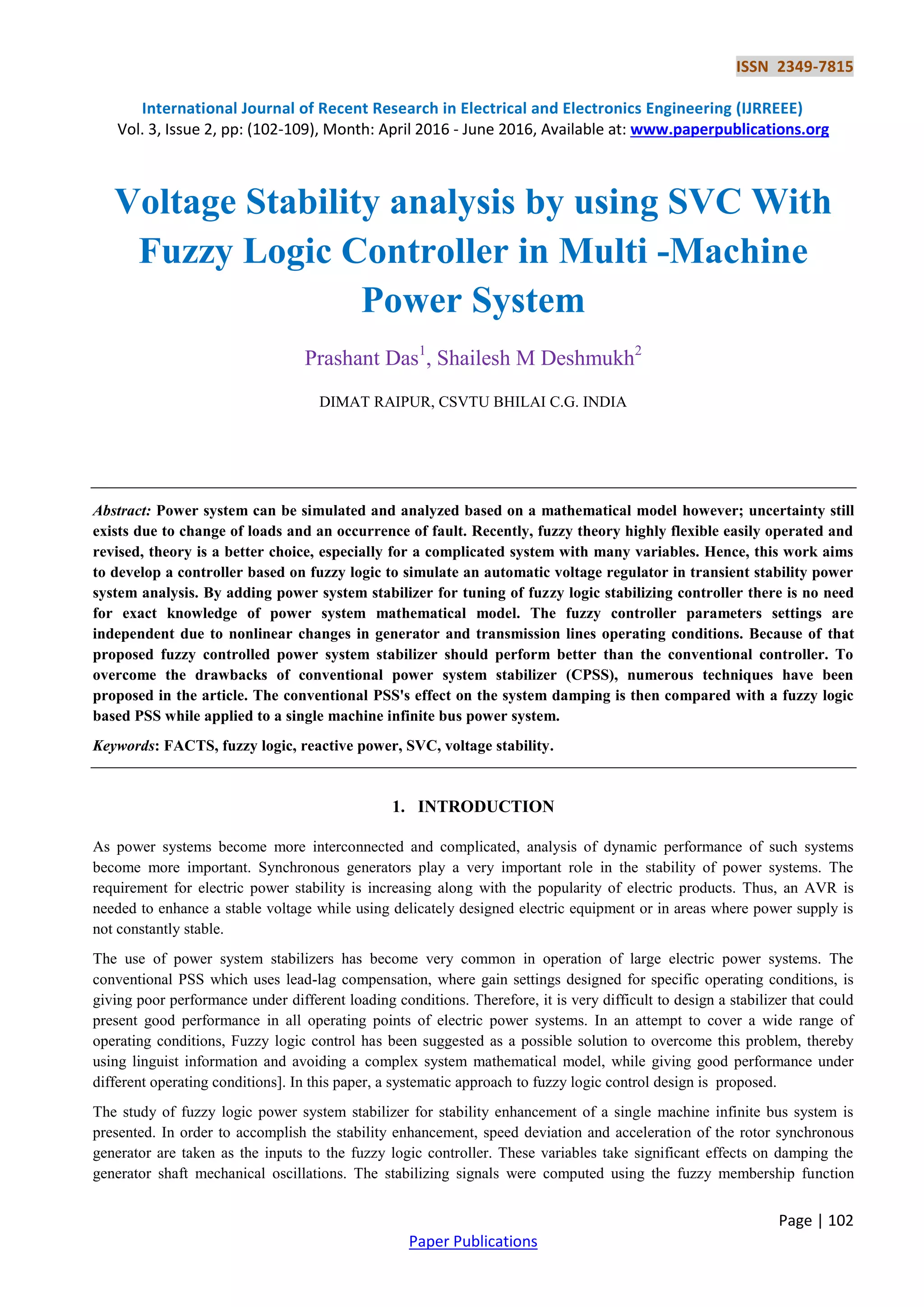 Voltage Stability analysis by using SVC With Fuzzy Logic Controller in Multi -Machine Power ...