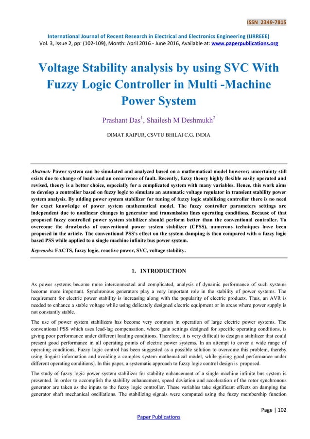 Voltage Stability analysis by using SVC With Fuzzy Logic Controller in Multi -Machine Power ...
