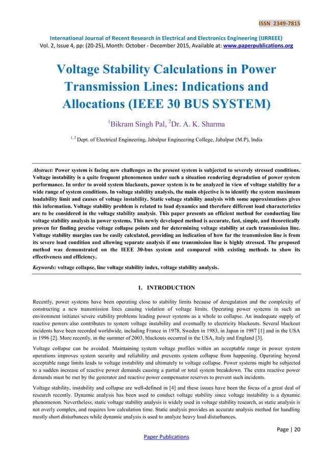 Voltage Stability Calculations in Power Transmission Lines: Indications and Allocations (IEEE 30 ...