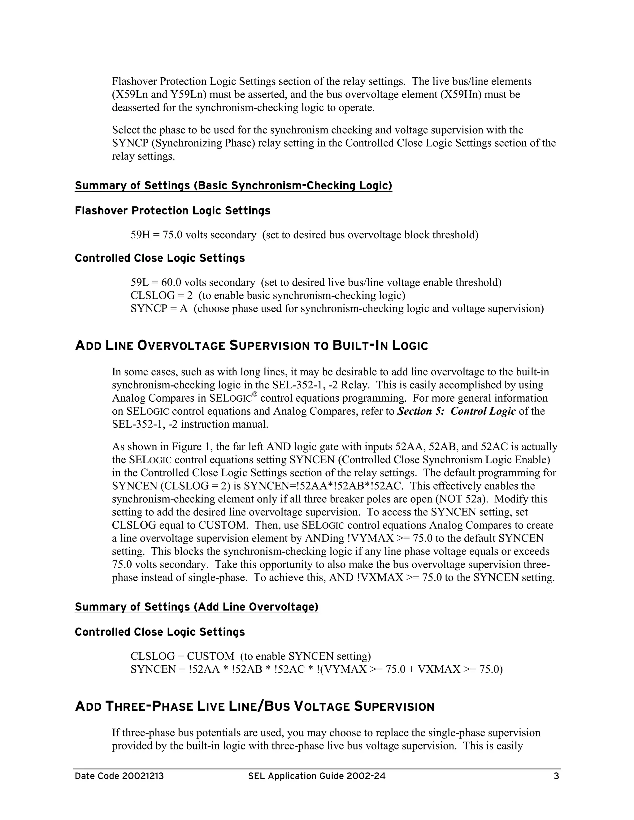 Voltage supervision of the synchronism checking element in the sel-352-1, -2 relay - add line ...