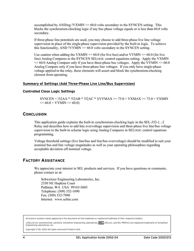 Voltage supervision of the synchronism checking element in the sel-352-1, -2 relay - add line ...
