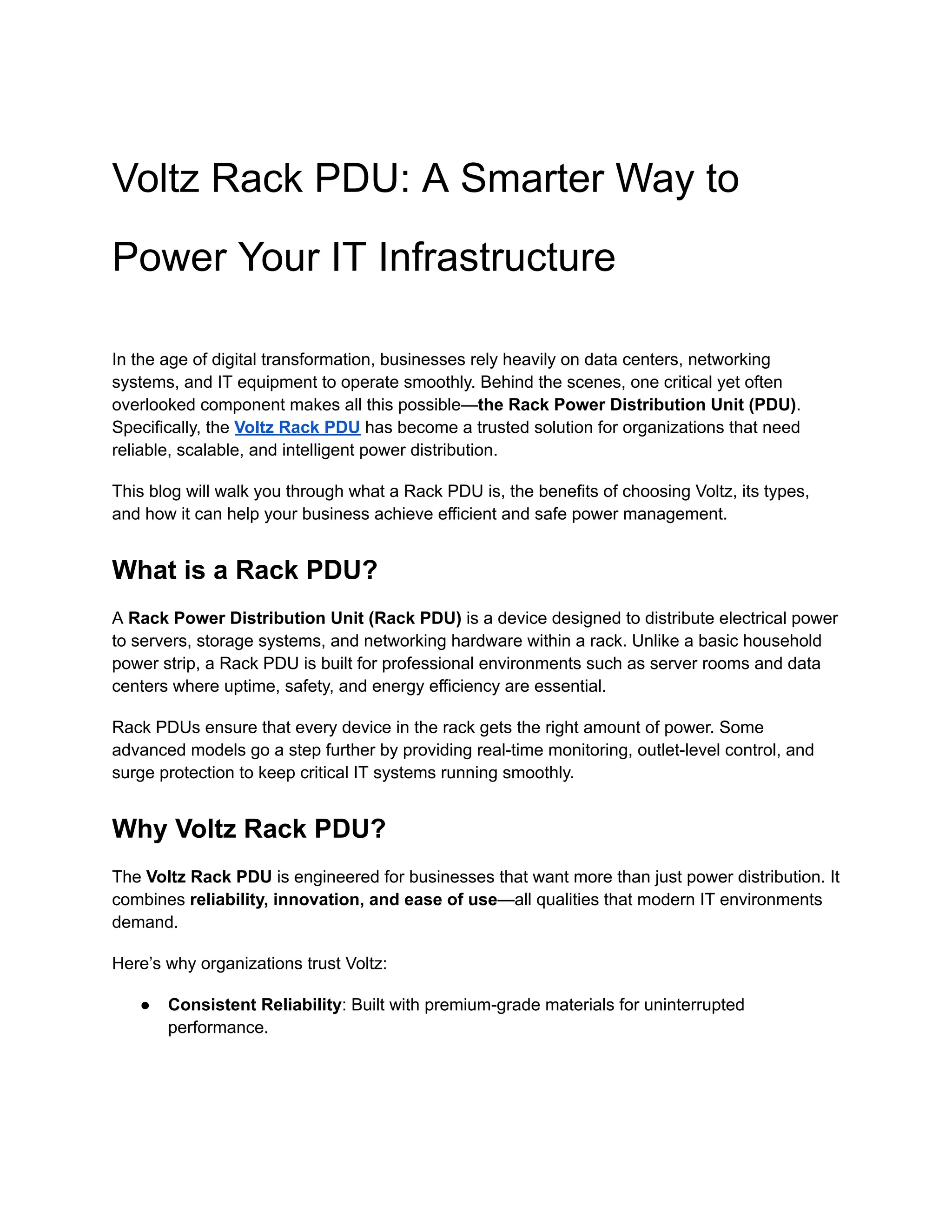 Voltz Rack PDU: A Smarter Way to Power Your IT Infrastructure | PDF