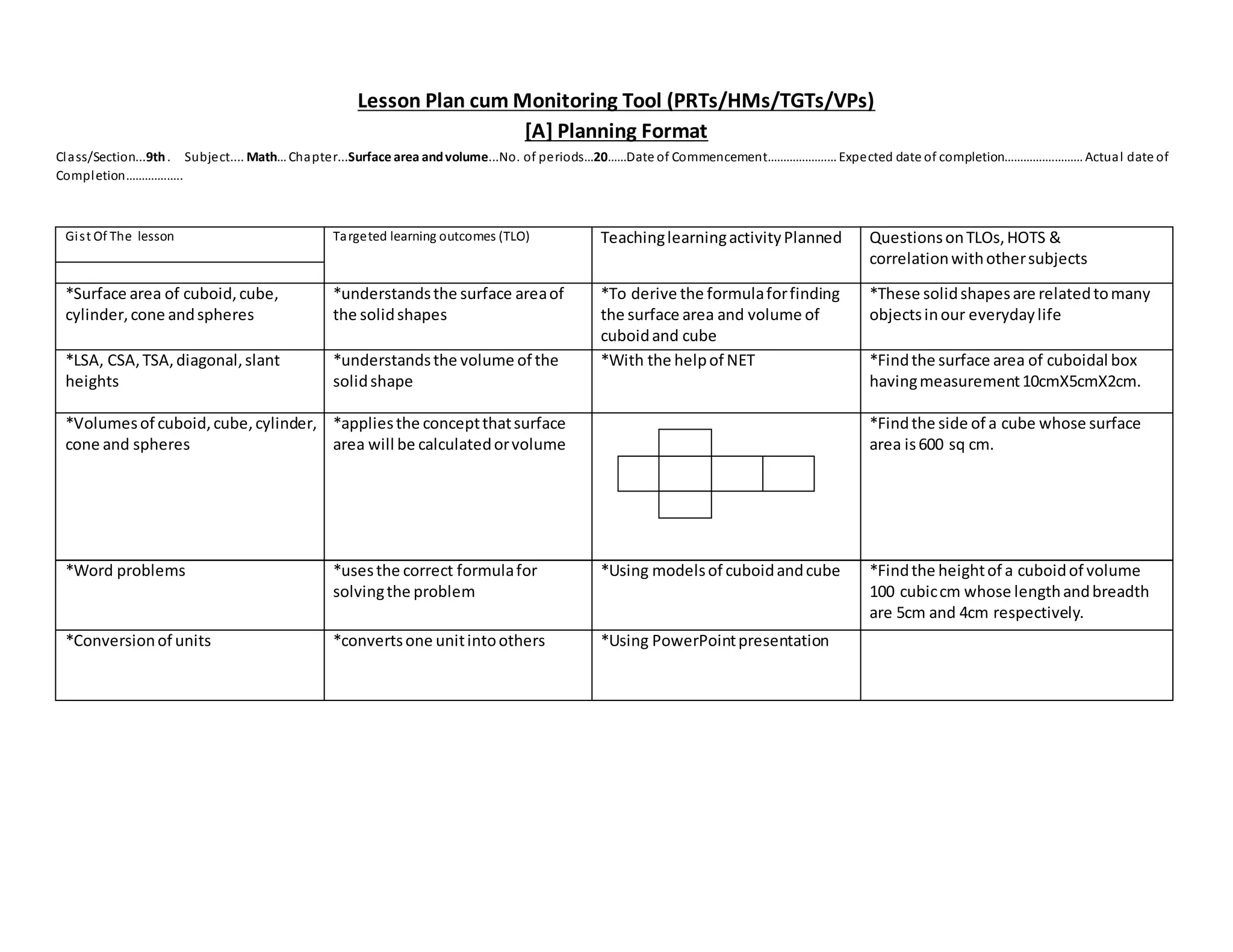 CLASS IX MATHS LESSON PLAN | DOCX | Physics | Science