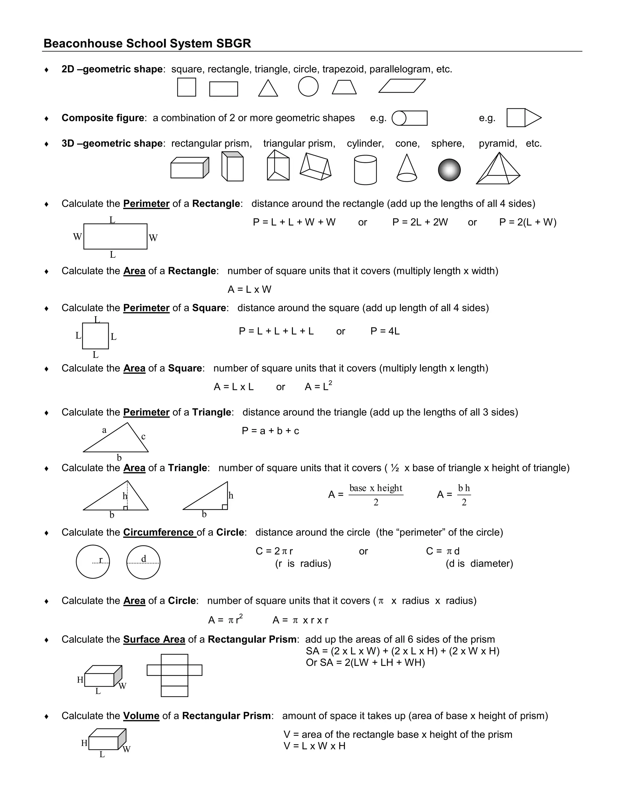 Volume and surface area formulae | DOCX