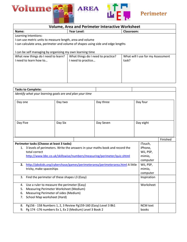 Volume Area Perimeter Interactive Student Worksheet | DOCX