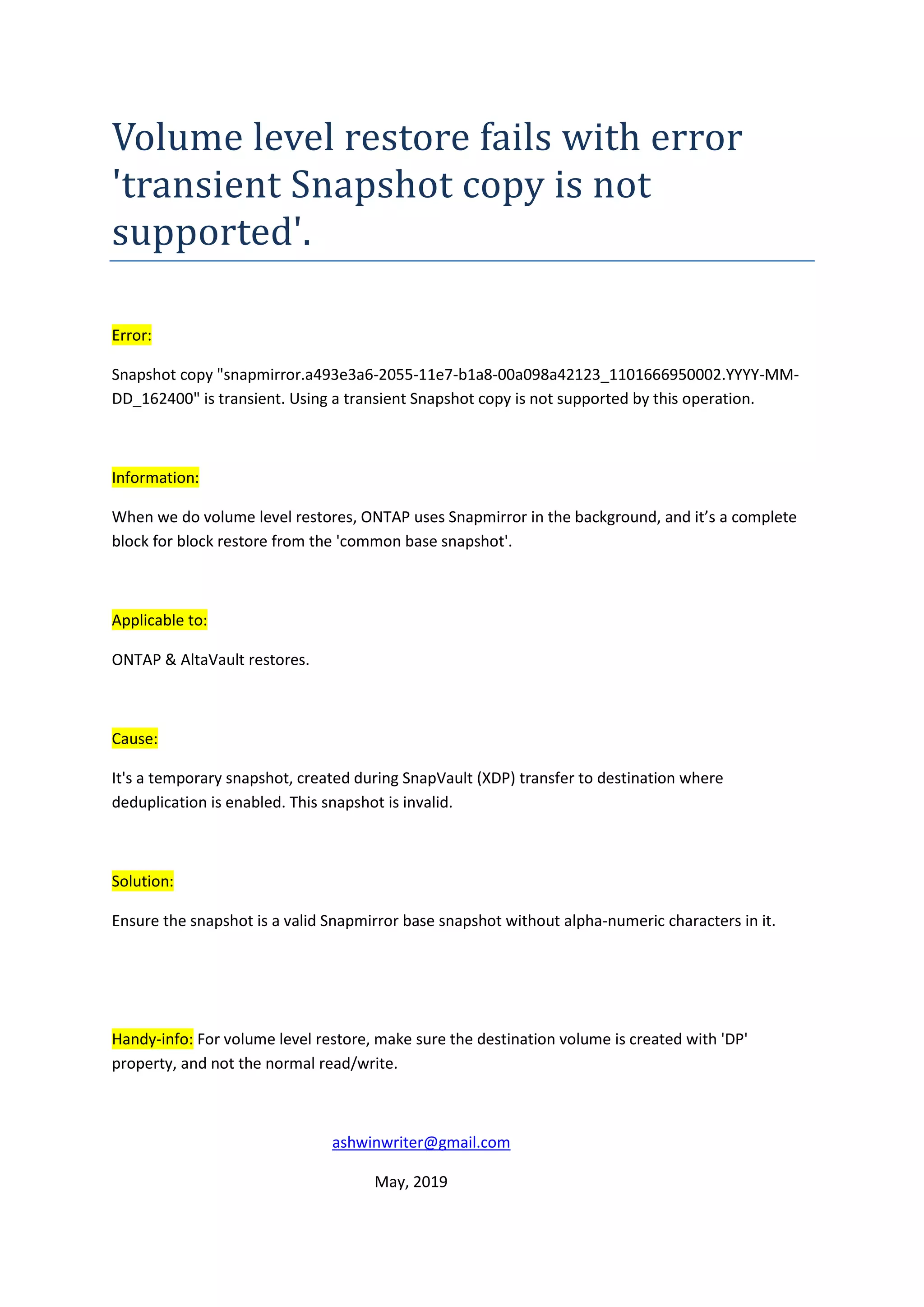 Volume level restore fails with error transient snapshot copy is not supported | PDF