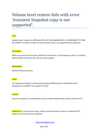 Volume level restore fails with error transient snapshot copy is not supported | PDF