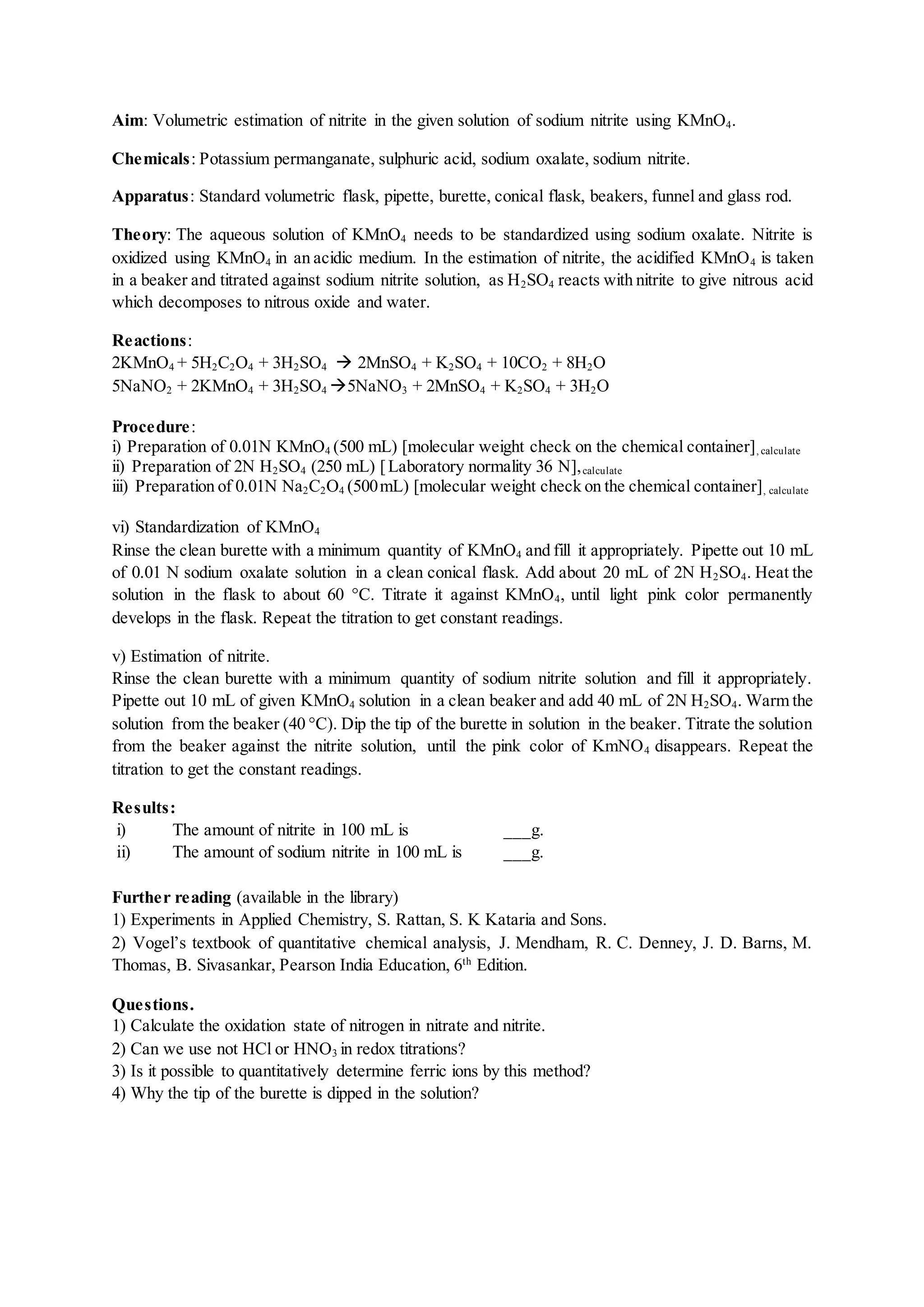 Volumetric estimation of nitrite in the given solution of sodium ...