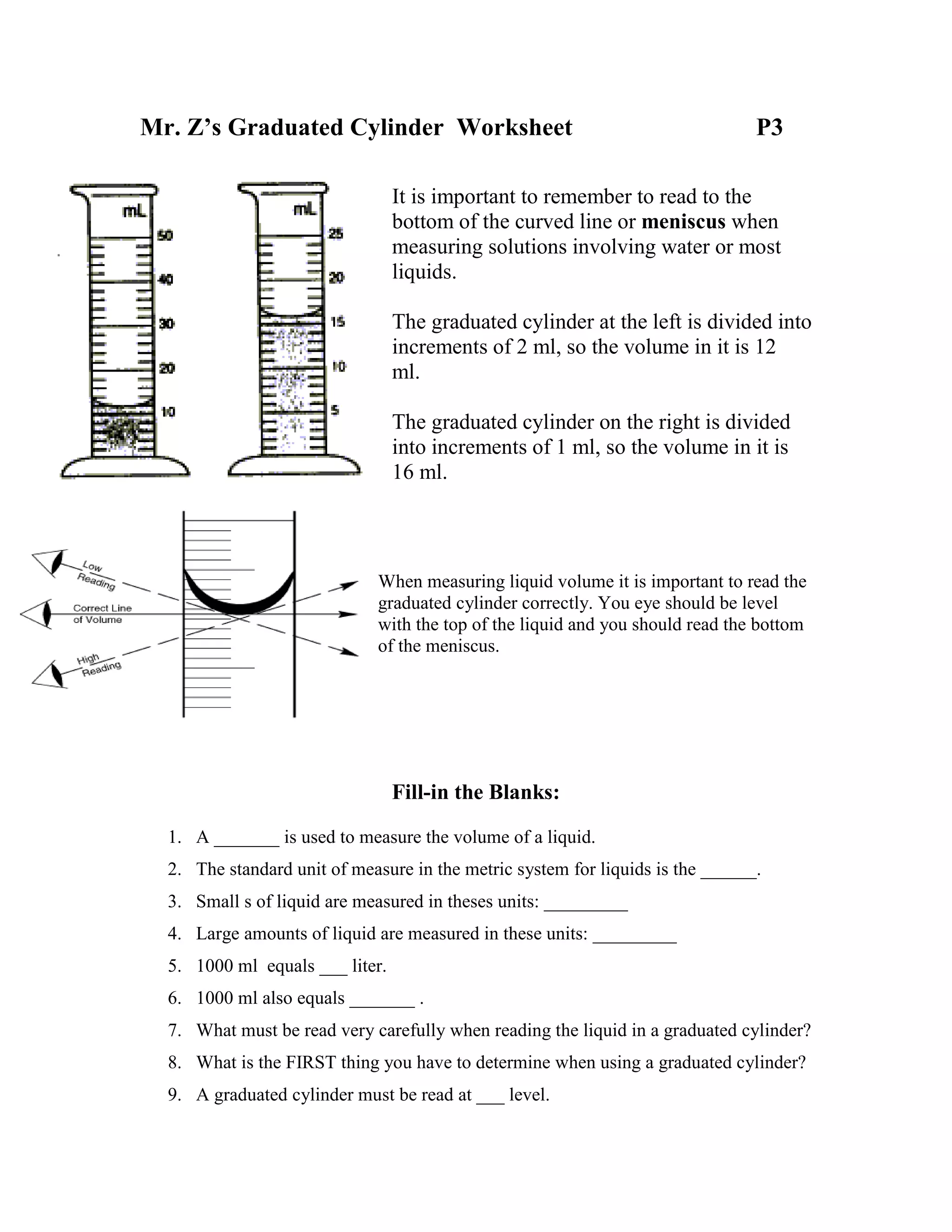 Reading Graduated Cylinder Worksheet