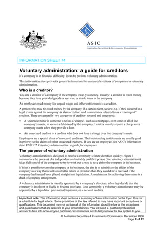 Voluntary administration a guide for creditors | PDF