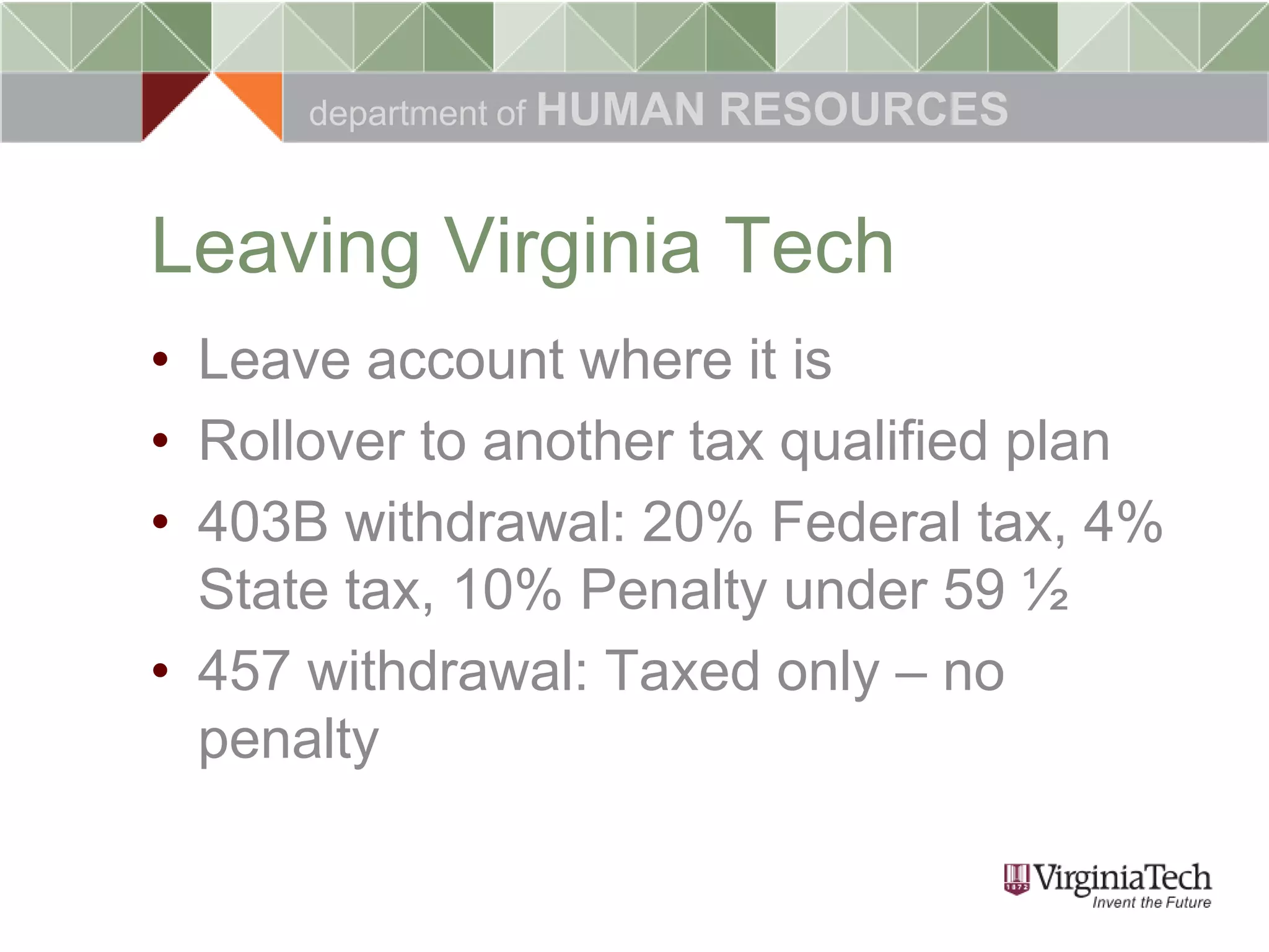 Virginia Tech - New Employee Orientation - Voluntary Retirement Savings Plans | PPT