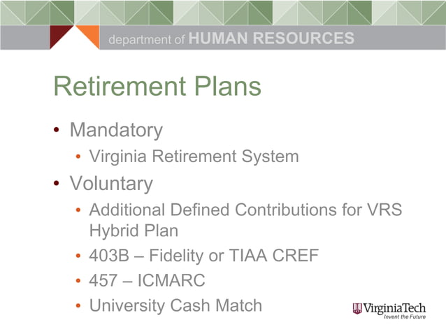 Virginia Tech - New Employee Orientation - Voluntary Retirement Savings Plans | PPT
