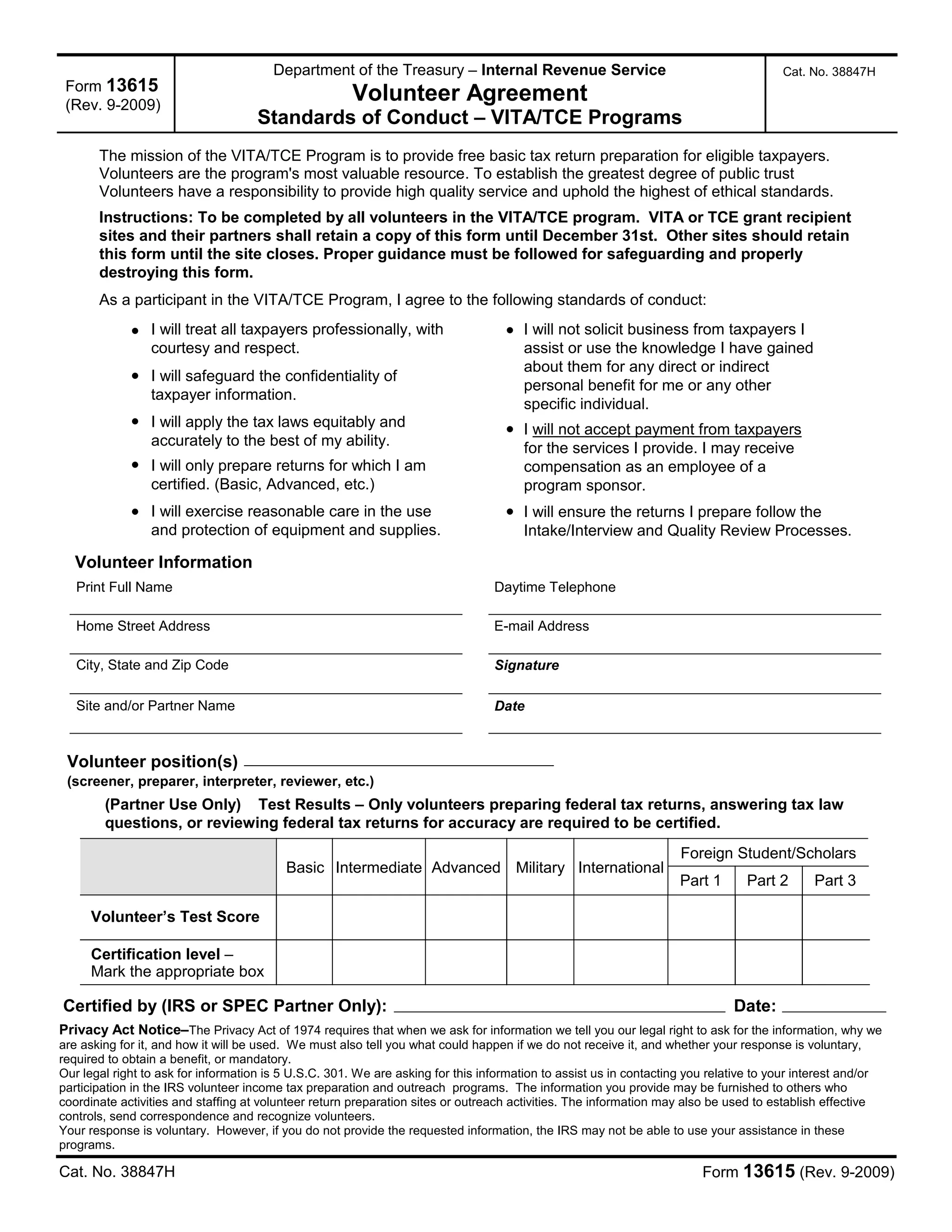 Volunteer Agreement Form 13615 | PDF | Personal Taxes | Personal Finance