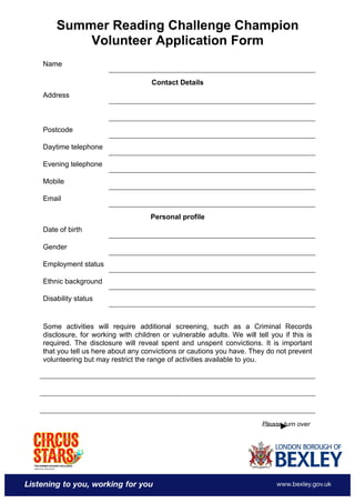 Volunteer application form (Summer Reading Challenge) | DOC