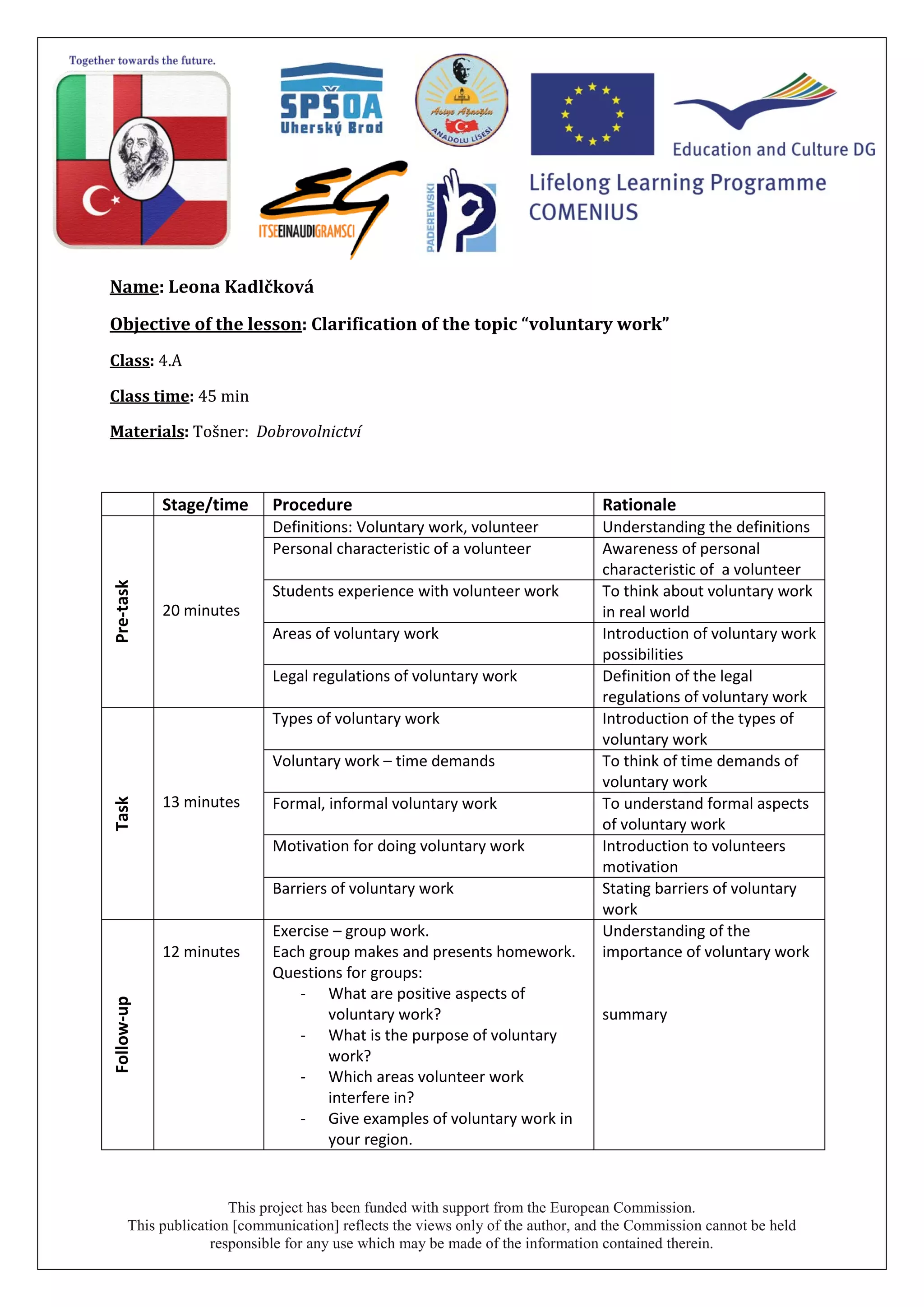 Volunteering - social studies lesson plan Czech Republic | PDF