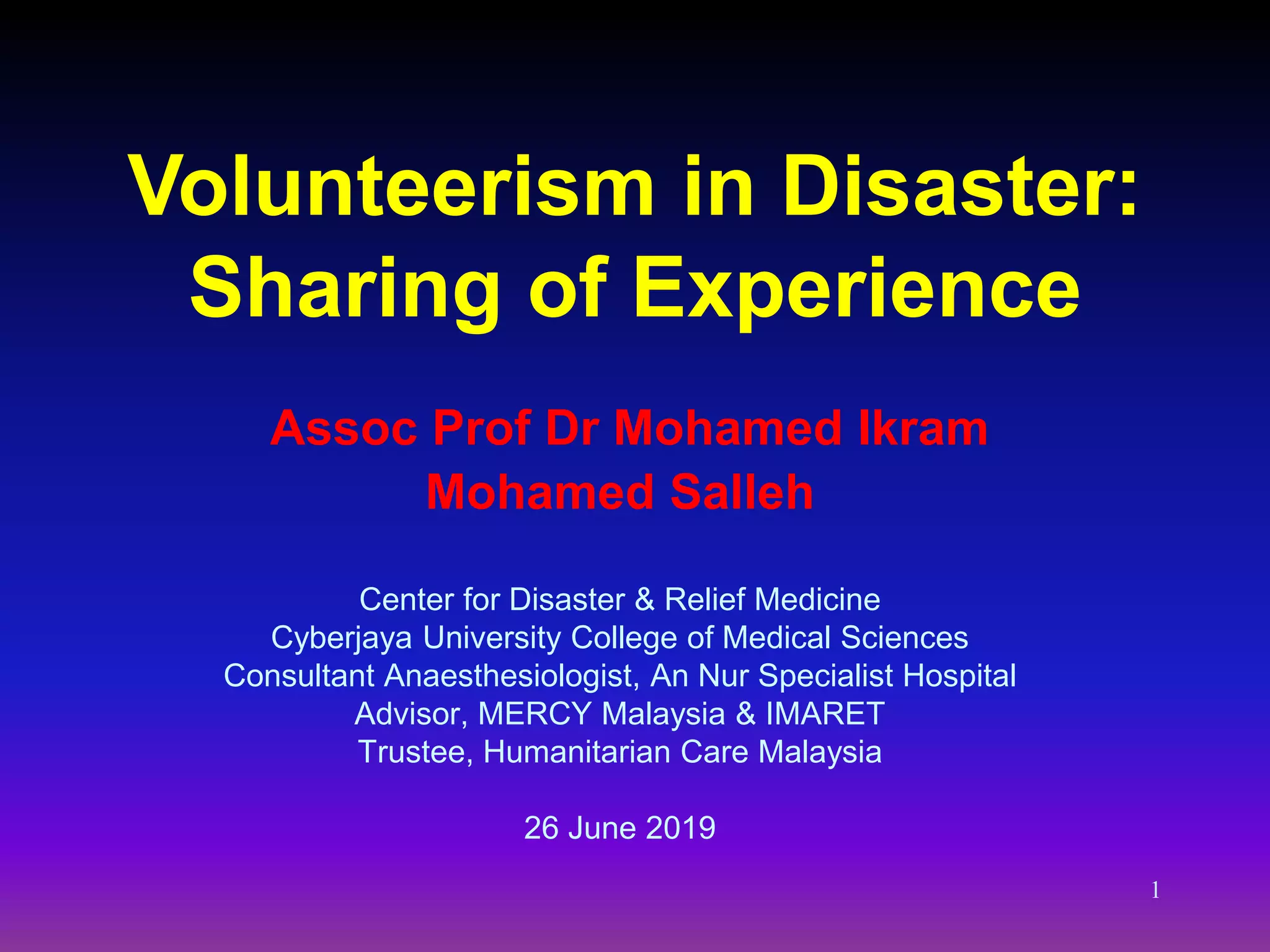 Volunteerism in disaster: sharing experiences | PPTX