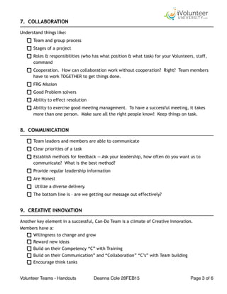 Volunteer teams student handouts by Deanna Cole | PDF