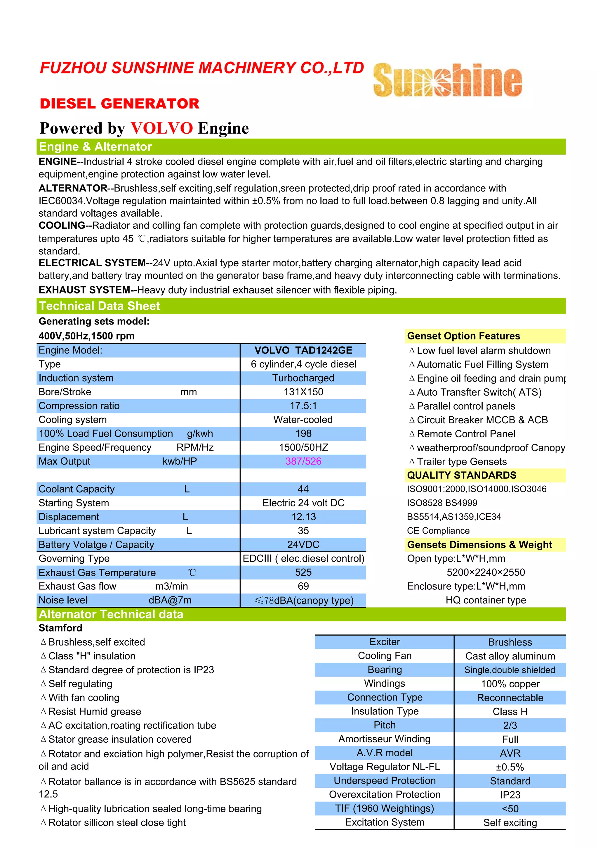 Volvo 410kva generator sets data sheet | PDF