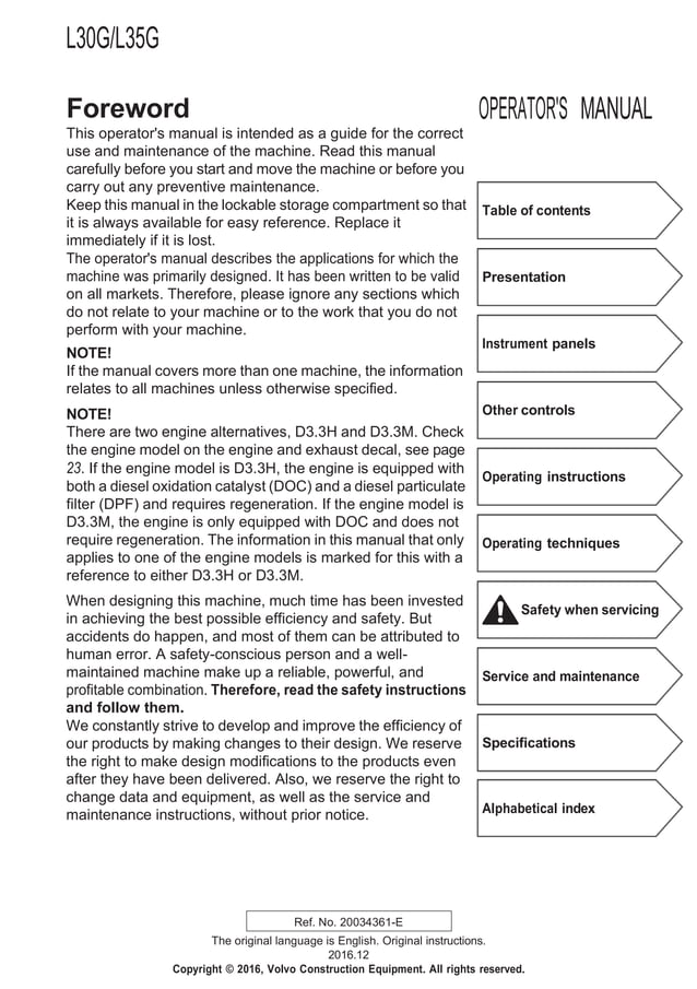 Volvo L35g Wheel Loader Operators Manual | PDF