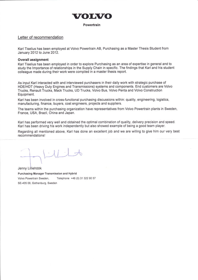 Volvo Powertrain_Letter of Recommendation | PDF