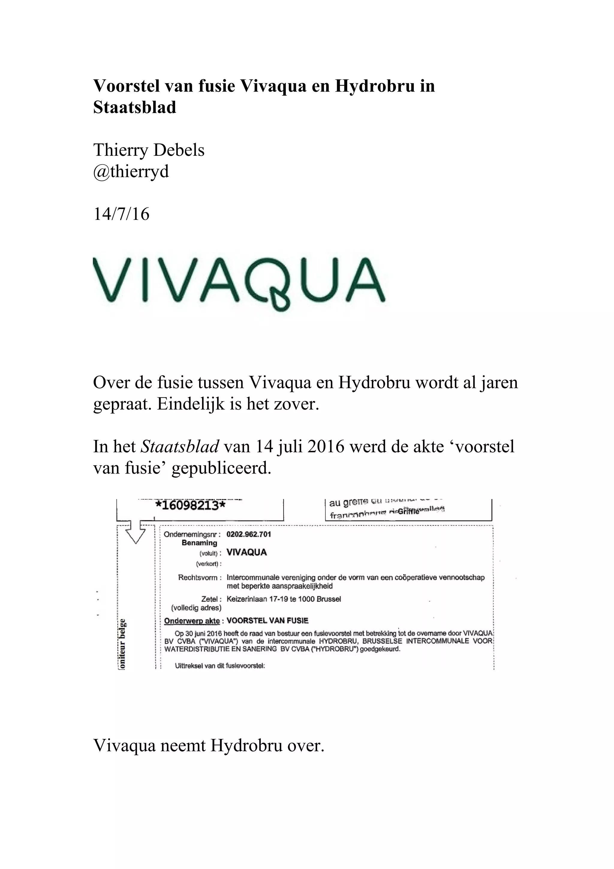 Voorstel van fusie Vivaqua en Hydrobru in Staatsblad | DOC