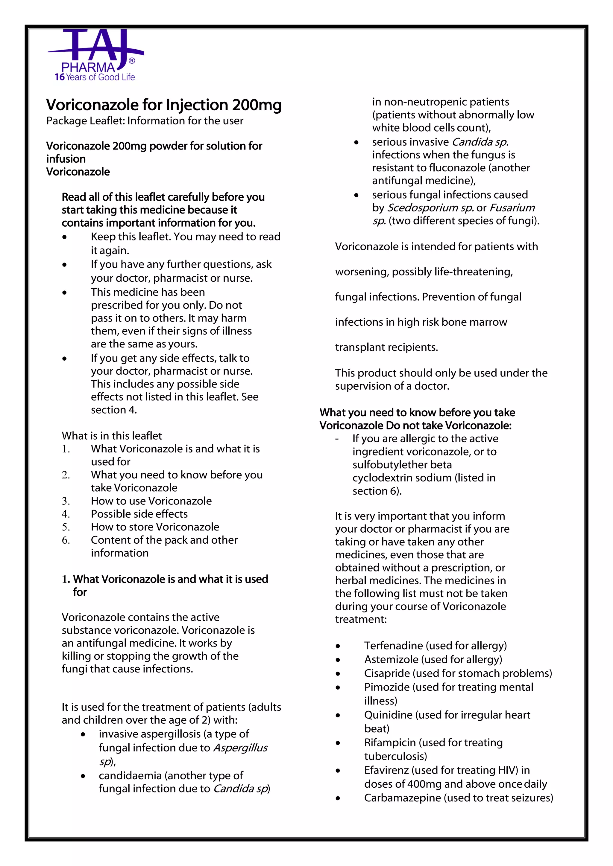 Voriconazole for Injection Taj Pharma PIL | PDF