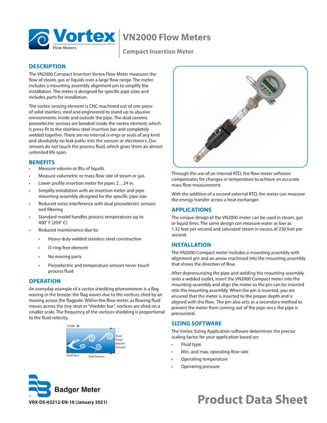 Vortex vn2000 datasheet badger meter compact insertion flow meter | PDF | Physics | Science