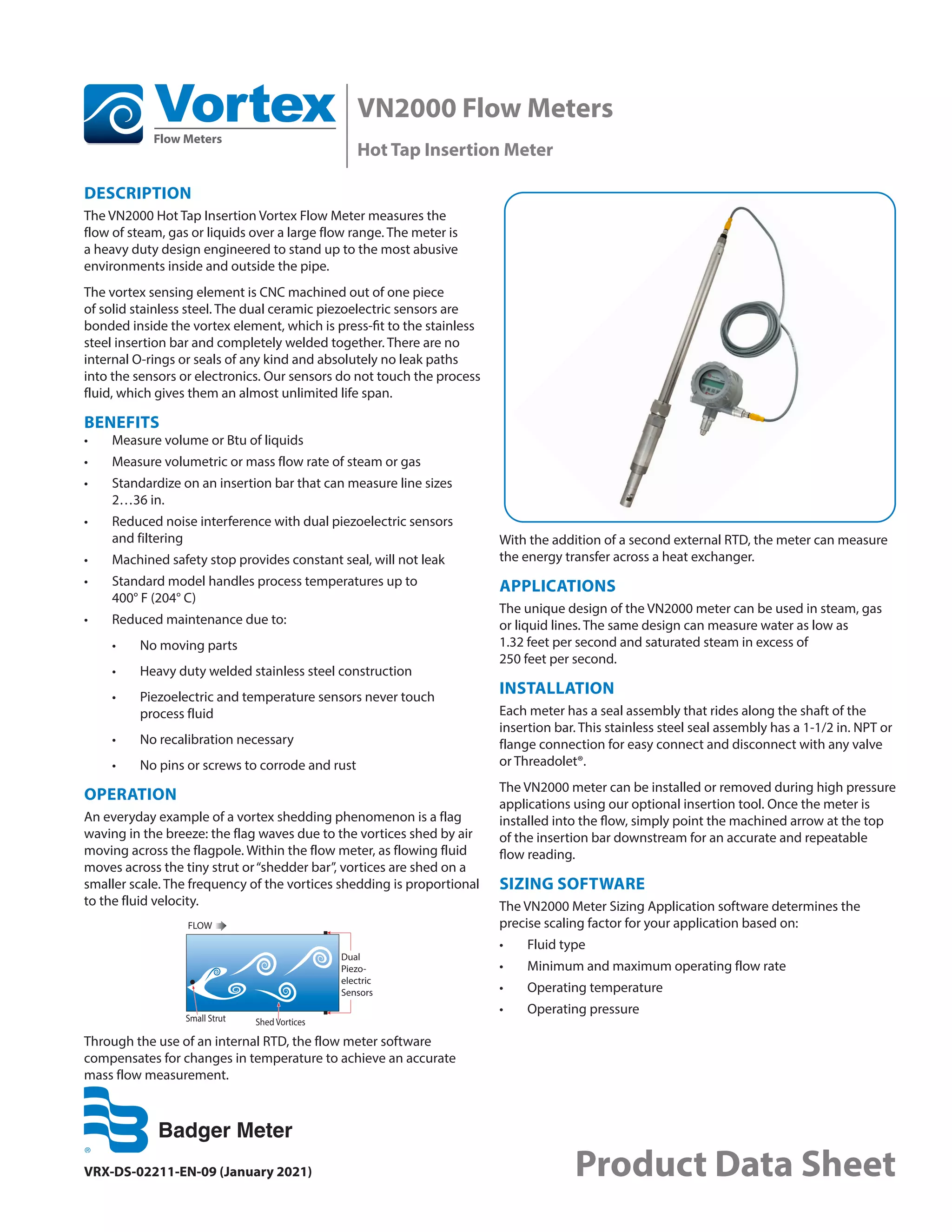 Vortex vn2000 datasheet badger meter flow meters hot tap insertion meter | PDF | Physics | Science