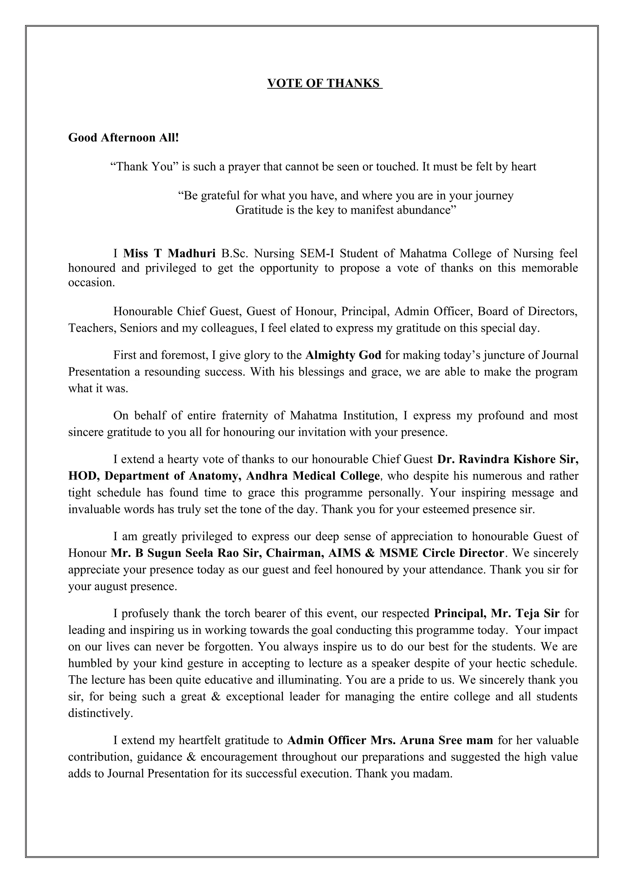 Vote of Thanks.docx way of presenting vote of thanks | DOCX