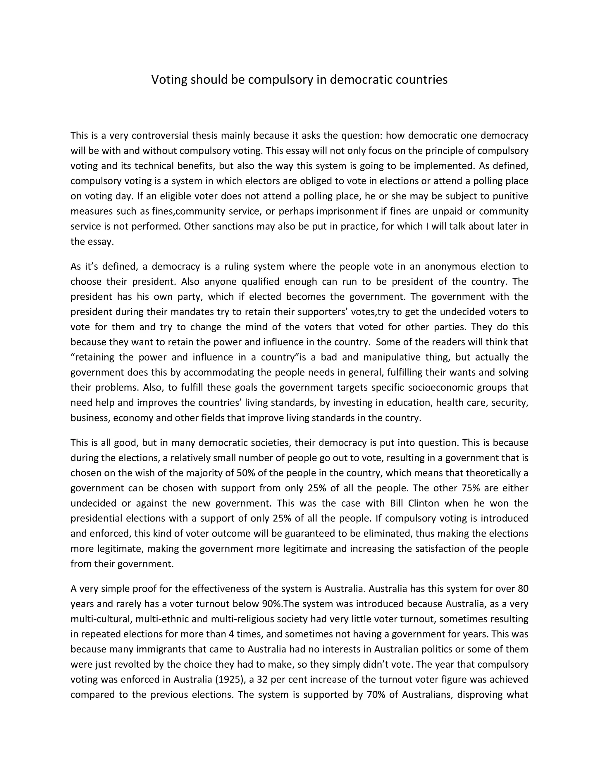 Voting should be compulsory in democratic societies | DOCX