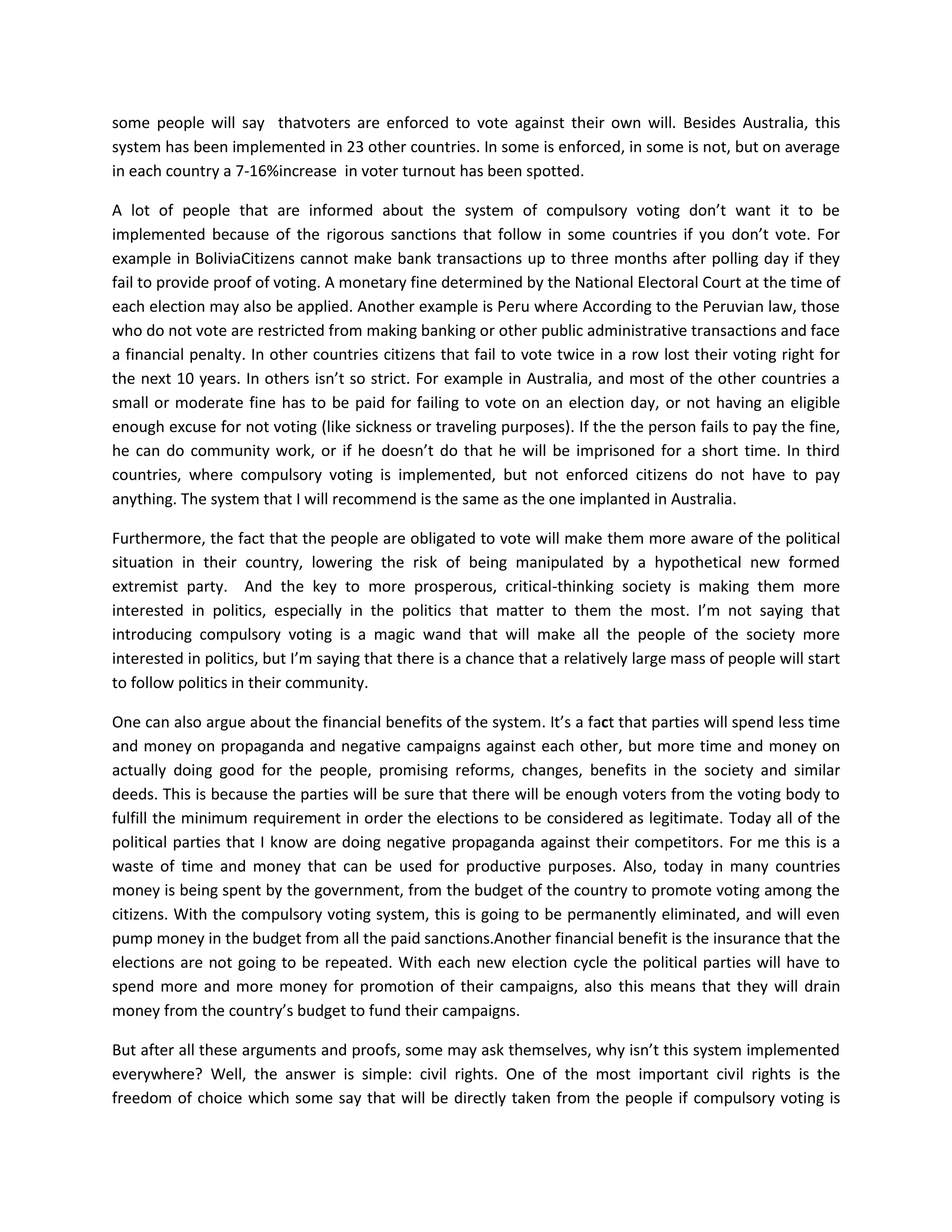 Voting should be compulsory in democratic societies | DOCX