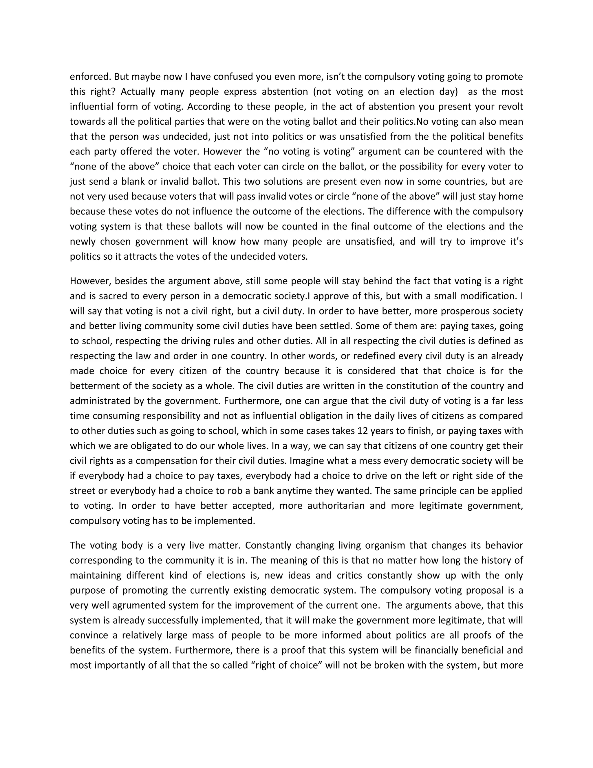 Voting should be compulsory in democratic societies | DOCX