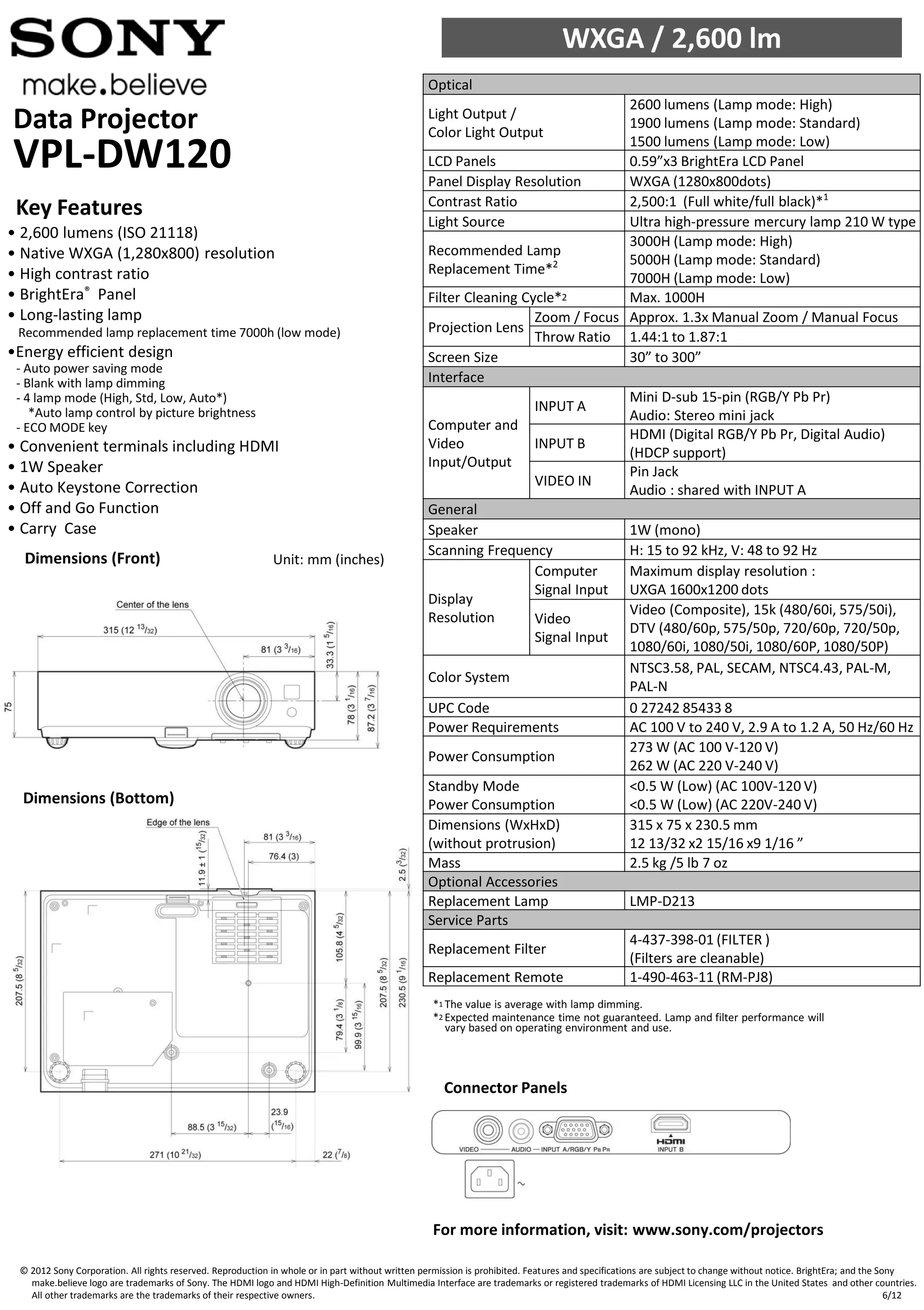 Sony VPL-DW120 Projector | PDF
