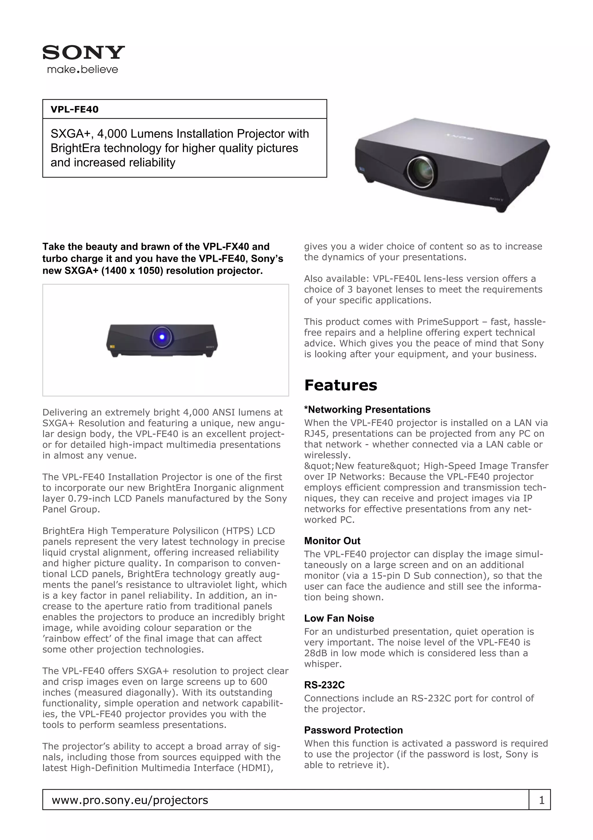 VPL-FE40 Projector Delivers 4,000 Lumens Brightness | PDF