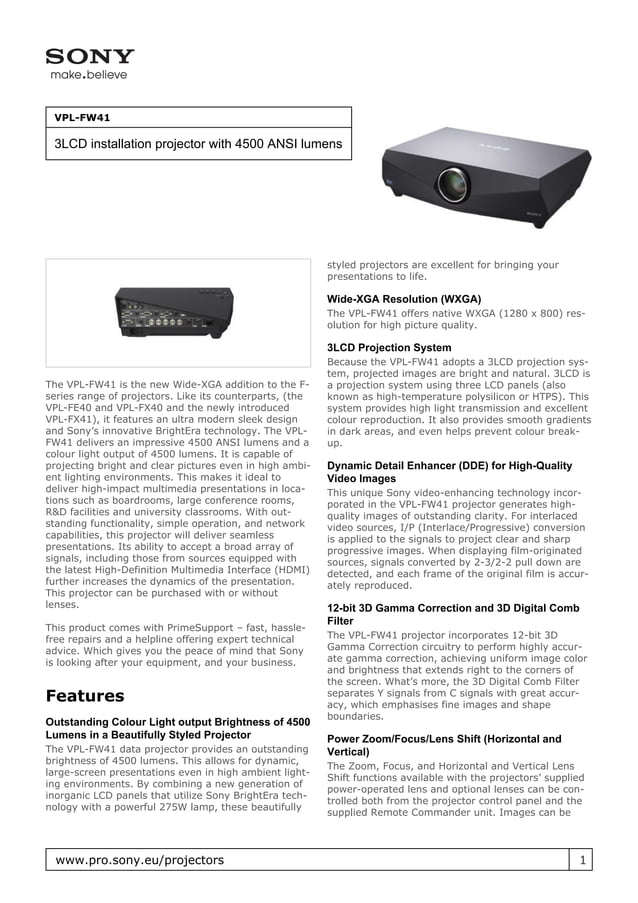 Sony VPL-FW41 | PDF | Cameras and Camcorders | Consumer Electronics
