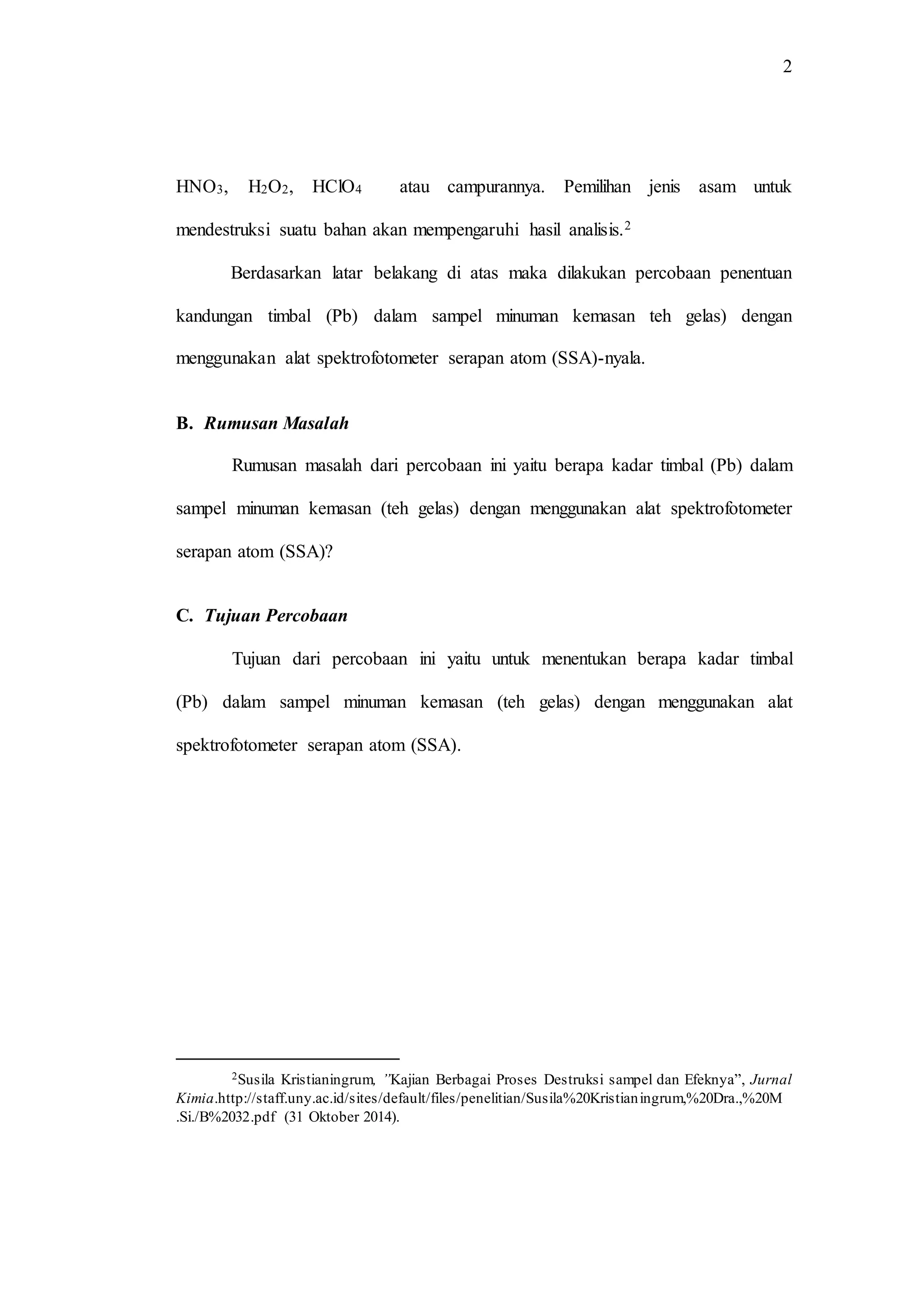 Cara uji timbal (pb) dengan spektrofotometer serapan atom (ssa) nyala | DOCX