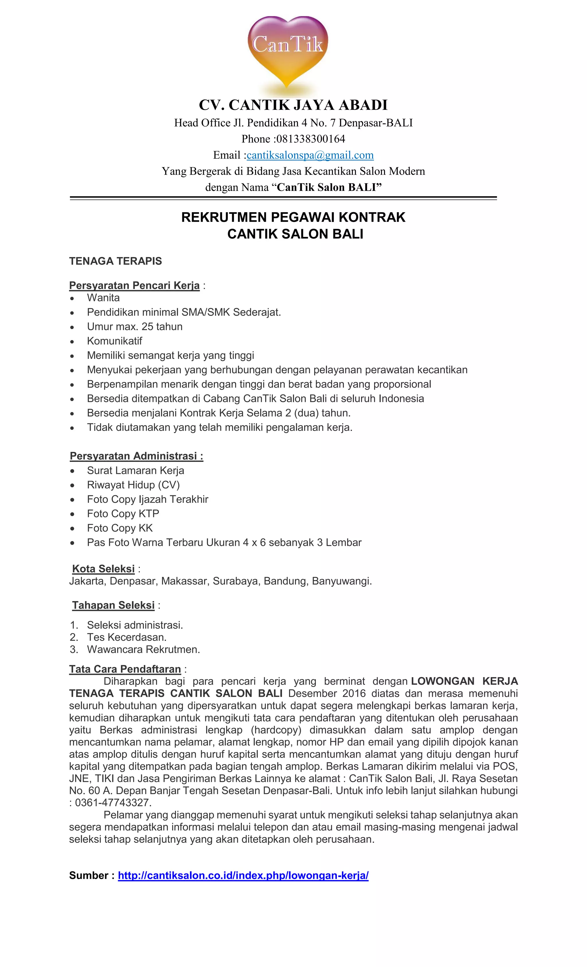Rekruitmen canTik salon bali | PDF