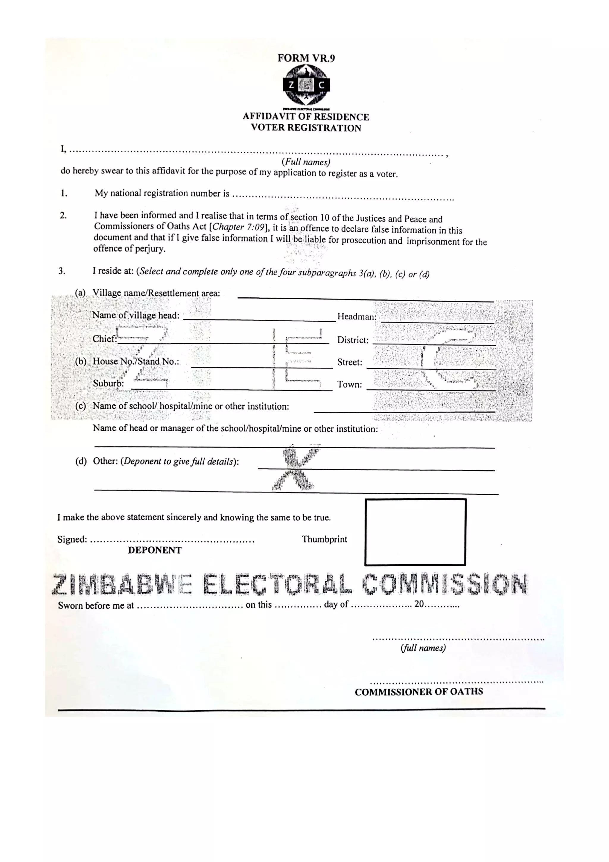 Zimbabwe Proof of Residence VR1 & VR9 Affidavit Forms | PDF