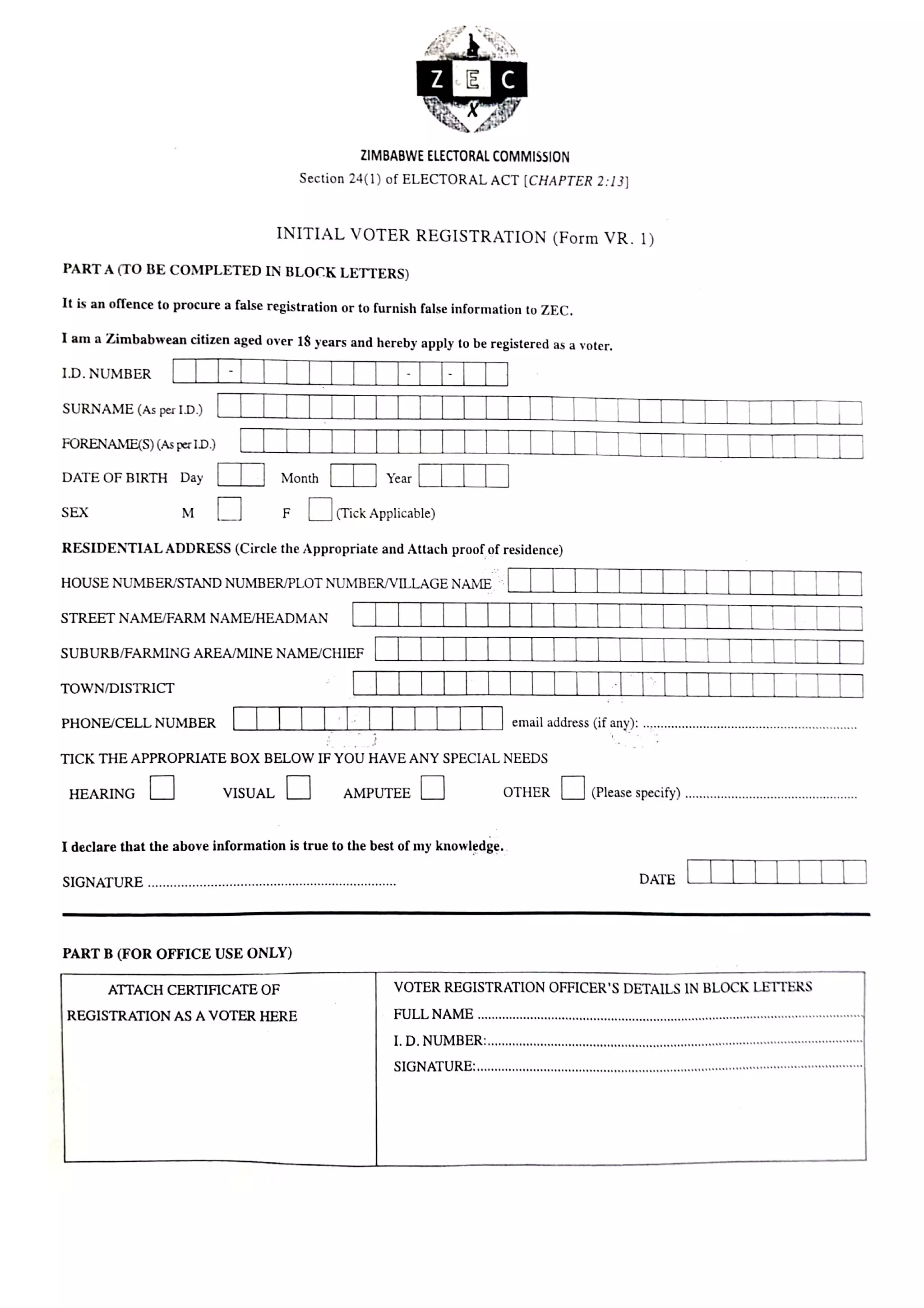 Zimbabwe Proof of Residence VR1 & VR9 Affidavit Forms | PDF