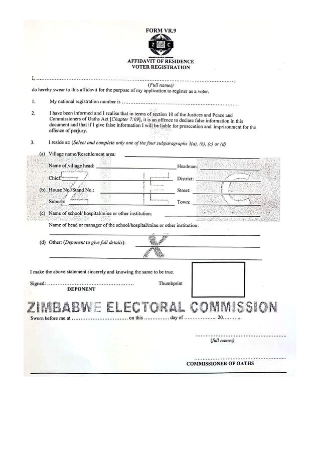 Zimbabwe Proof of Residence VR1 & VR9 Affidavit Forms | PDF