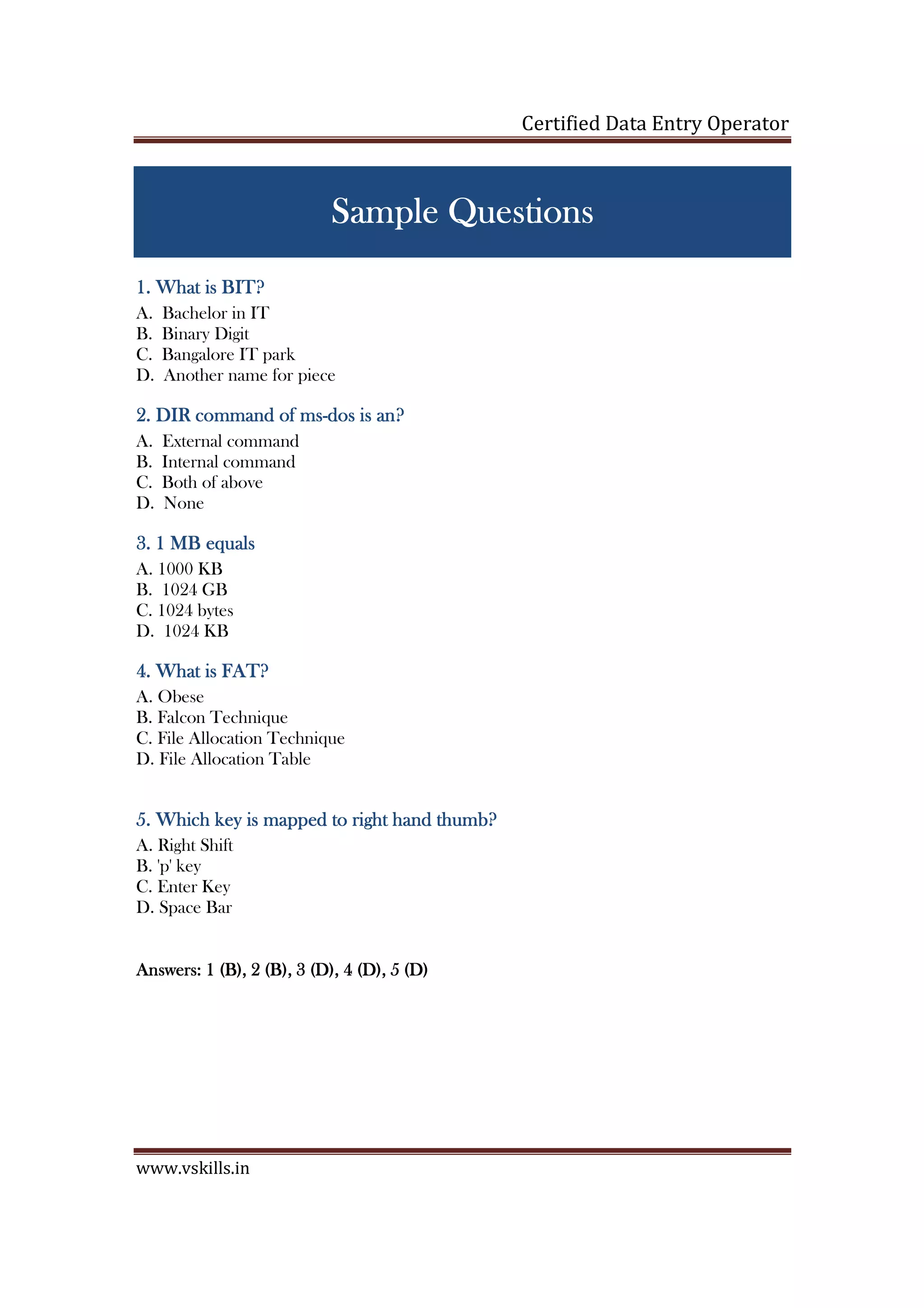 Data Entry Operator Certification | PDF