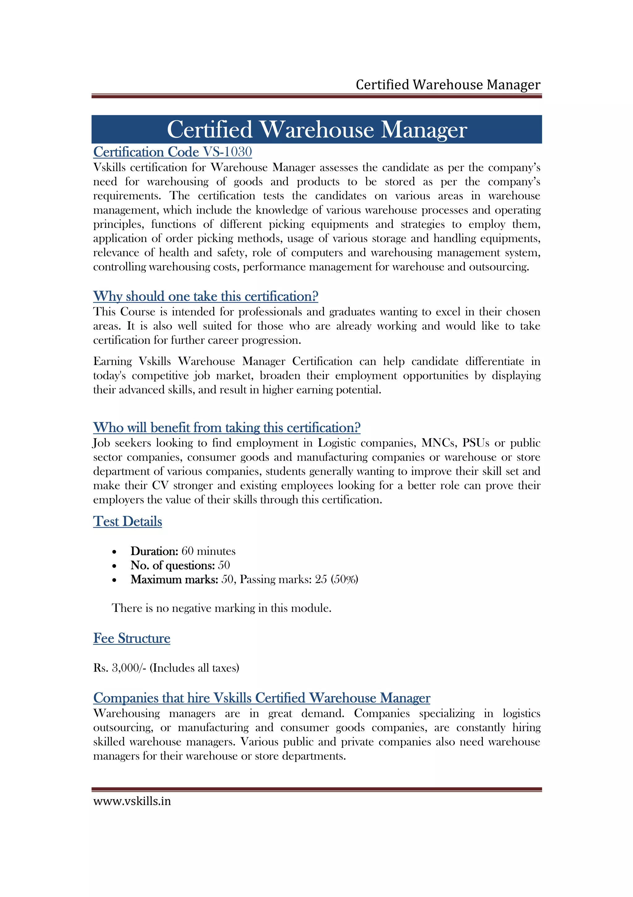 Warehouse Manager Certification | PDF | Logistics | Business