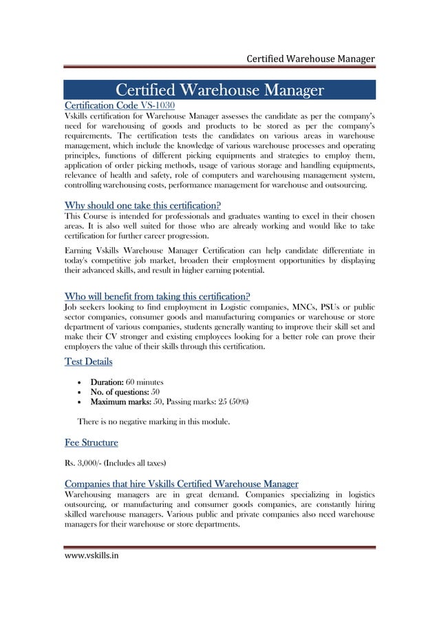 Warehouse Manager Certification | PDF | Logistics | Business